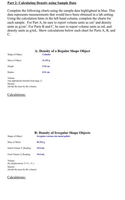 Solved Part 2 Calculating Density Using Sample Data Chegg Com