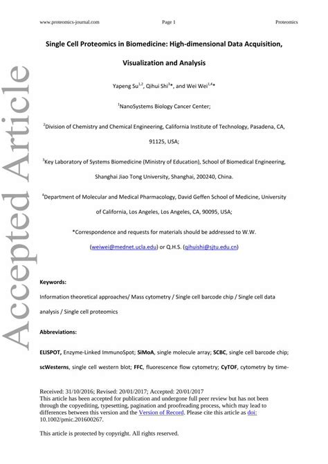 Pdf Single Cell Proteomics In Biomedicine High‐dimensional Single Cell Omics Tools At A