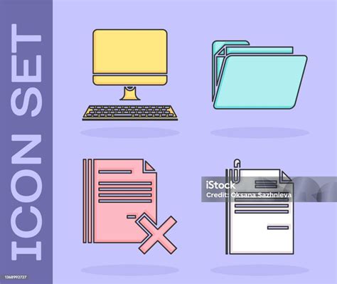 파일 문서 및 종이 클립 키보드가 있는 컴퓨터 모니터 파일 문서 삭제 및 문서 폴더 아이콘을 설정합니다 벡터 0명에 대한 스톡 벡터 아트 및 기타 이미지 Istock
