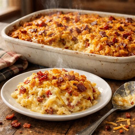 Zesty Cheddar And Bacon Funeral Potatoes Recipe Itsonlyrecipes