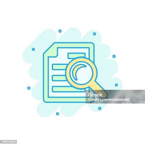 만화 스타일에서 감시 문서 계획 아이콘입니다 문 벡터 만화 그림 그림을 검토 합니다 돋보기 루 페 비즈니스 개념 플래쉬 효과와 문서 거래 내역서에 대한 스톡 벡터 아트 및