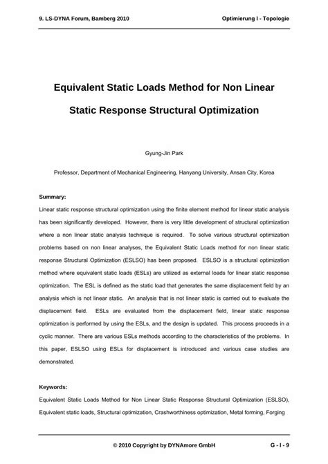 pdf equivalent static loads method for non linear ls dyna