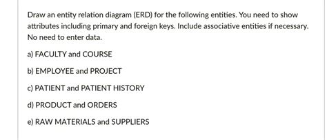 SOLVED Draw An Entity Relation Diagram ERD For The Following Entities You Need To Show
