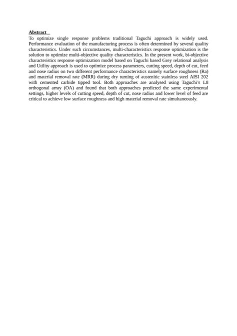 Pdf Comparison Of Taguchi Based Utility And Grey Relational Approaches To Optimize Bi