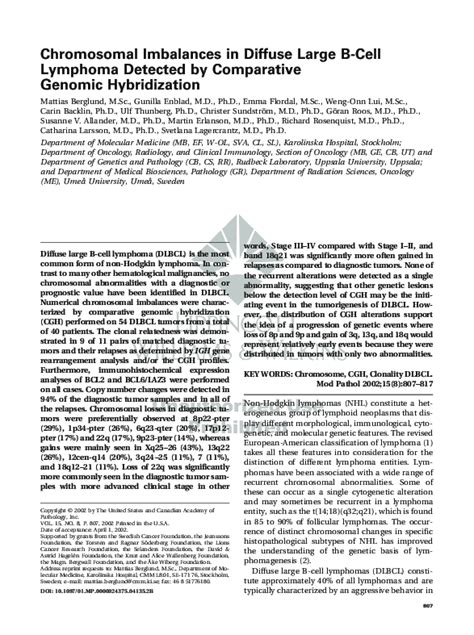 Pdf Chromosomal Imbalances In Diffuse Large B Cell Lymphoma Detected By Comparative Genomic