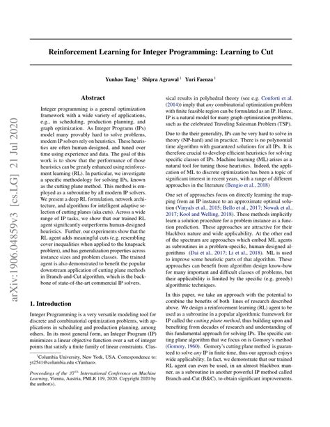 Pdf Reinforcement Learning For Integer Programming Learning To Cut