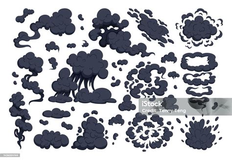 만화책 먼지 구름 검은 만화 연기 구름 퍼프 스트림 구름 실루엣 김이 나는 먼지 벡터 기호 삽화 세트 연기 폭발 구름 검은색에