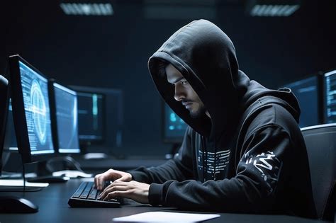 Mysterious Hacker In Dark Hoodie Breaking Into Systems Techthemed Setting Premium Ai Generated