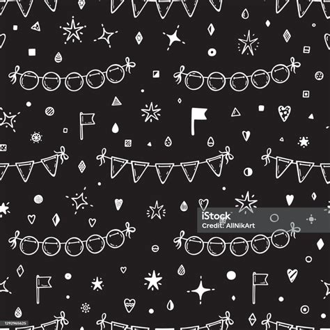 벡터 휴일 또는 생일 원활한 패턴 손으로 그린 낙서 번팅스 플래그 색종이 조각 별 축제 배경 0명에 대한 스톡 벡터 아트 및 기타 이미지 Istock