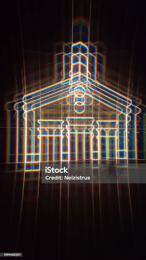 Rgb 필터의 회절 격자를 통해 볼 수있는 조명 된 교회 장식의 빛 색상의 무지개 무지개 광선 회절 이미지 프리즘 라이트 검은