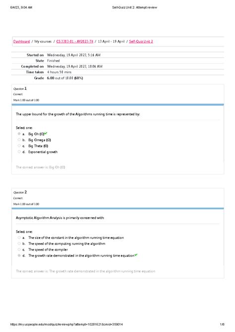 Self Quiz Unit 2 Attempt Review Started On Wednesday 19 April 2023 5 16 AM State Finished
