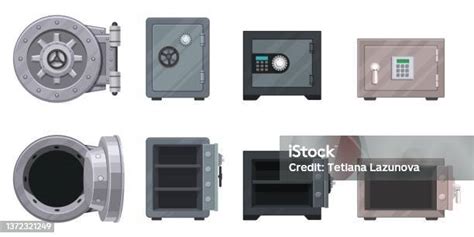 은행 금속 금고와 개방형 및 폐쇄 문 금고 코드 잠금 장치가 있는 안전한 상자입니다 금과 돈 보호 빈 안전 내부 벡터 세트 은행 금고에 대한 스톡 벡터 아트 및 기타 이미지