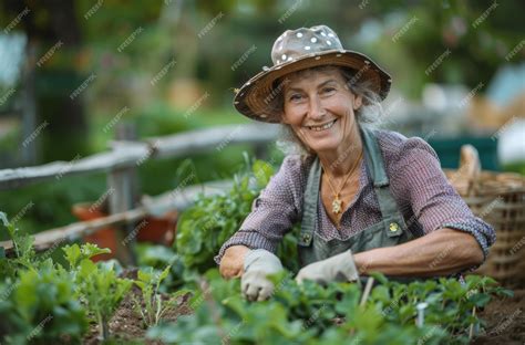 Premium Photo Elderly Woman Gardening With A Smile Wearing A Hat And Gloves In A Lush