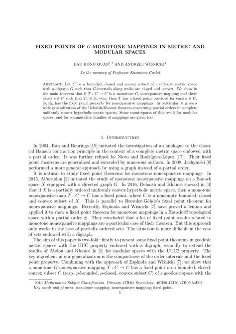 Pdf Fixed Points Of G Monotone Mappings In Metric And Modular Spaces