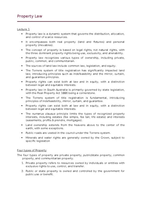 Property Law Notes Lecture 1 Property Law Lecture 1 Property Law Is A Dynamic System That