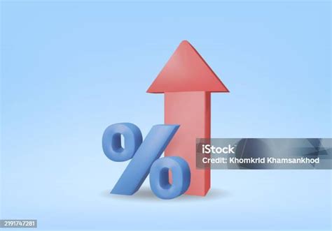 벡터 렌더링 그림 의 Rate Or Percentage Increase Concept Icon 위쪽을 가리키는 빨간색 화살표와 파란색 배경에 파란색 백분율 기호가 있습니다