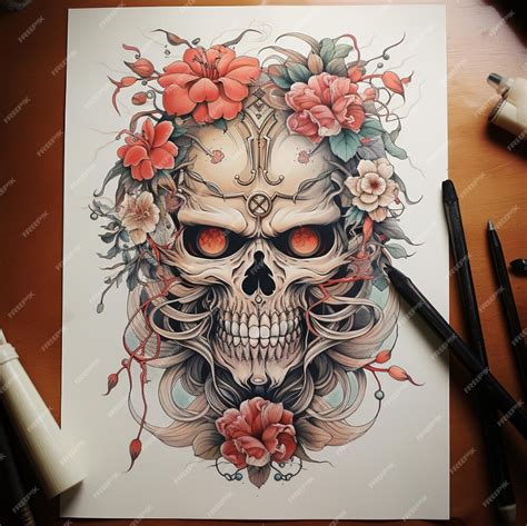 Premium Photo A Skull Drawing With Flowers And A Skull On It