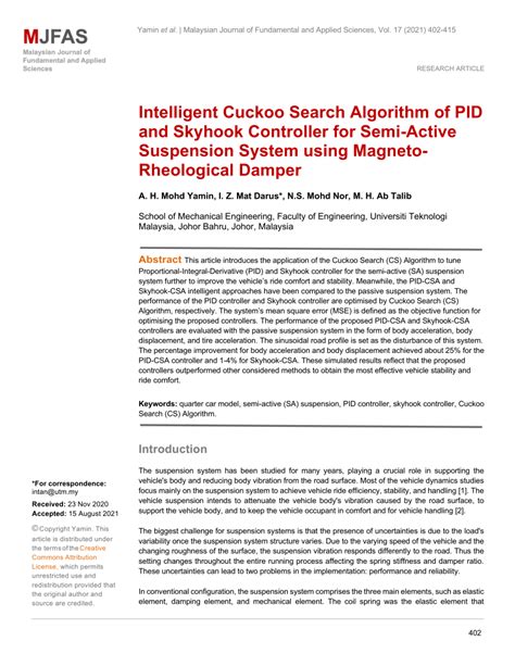 Pdf Intelligent Cuckoo Search Algorithm Of Pid And Skyhook Controller