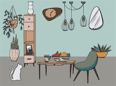 Intérieur De Vecteur Du Salon Illustration De Dessin Animé Dessiné à La Main Meubles Doodles