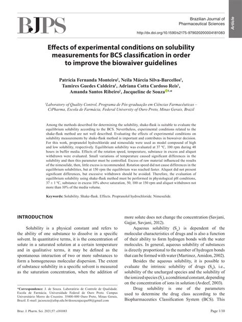 Pdf Effects Of Experimental Conditions On Solubility Measurements For Bcs Classification In