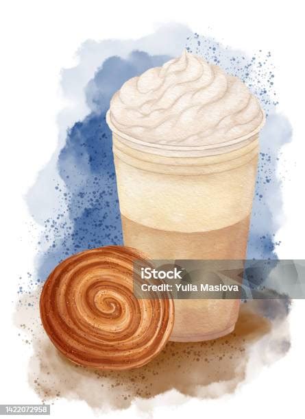 커피 한 잔과 수채화 배경에 롤빵 엽서 카드 명함을위한 디자인 수채화 스타일의 고립 된 그림 수채화에 대한 스톡 벡터 아트 및 기타 이미지 Istock