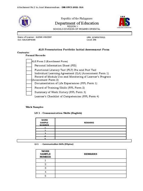 Als Presentation Portfolio Initial Assessment Form Pdf