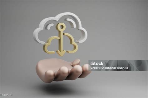 아름다운 추상적 인 삽화 골든 핸드 홀딩 클라우드 데이터베이스 회색 배경에 다운 그레이드 기호 아이콘 3d 렌더링 그림 디자인의 배경 패턴 웹 호스팅 데이터에 대한 스톡