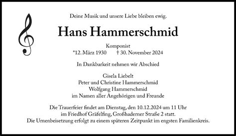 Traueranzeigen Von Hans Hammerschmid Sz Gedenkende