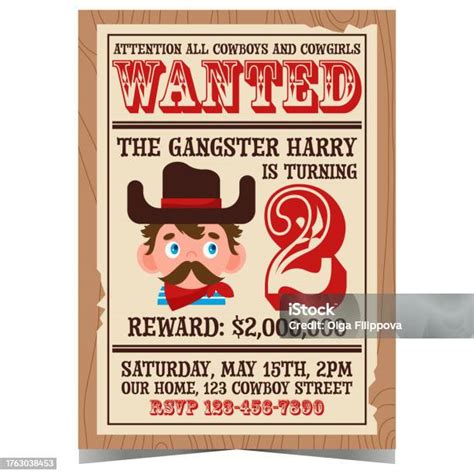아이들을 위한 서양 생일 파티 초대장은 수배된 도둑을 잡기 위해 카우보이 또는 카우걸로 즐거운 시간을 보냅니다 현상수배 포스터에 대한 스톡 벡터 아트 및 기타 이미지