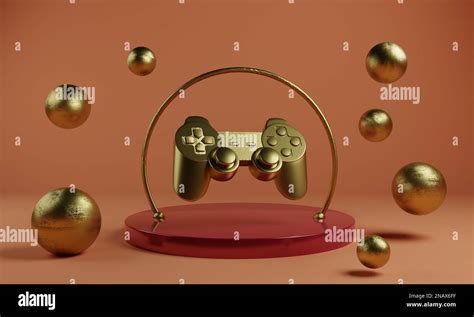 Levitating Golden Console Gamepad On Stage For Winner 3d Rendering Minimalistic Still Life