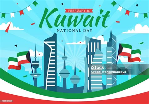 국가 쿠웨이트 데이 벡터 일러스트 레이 션 2 월 25 일 와 랜드마크 흔들기 깃발 와 독립 축하 에서 평면 만화 배경 2월에 대한 스톡 벡터 아트 및 기타 이미지 Istock
