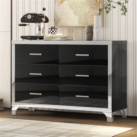 Modern High Gloss Mirrored Dresser With Metal Handle Office Storage