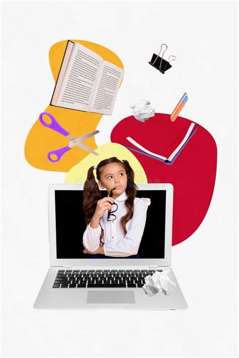Trend Artwork Banner 3d Collage Of Open Laptop Display Young Girl Think Remote Education Book