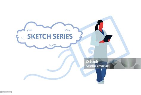 의사 여 자가 들고 클립 보드 병원 노동자 화이트에 청진 기 의료 개념 스케치 낙서 여성 캐릭터 전체 길이 균일 가로 연구실 가운에 대한 스톡 벡터 아트 및 기타 이미지