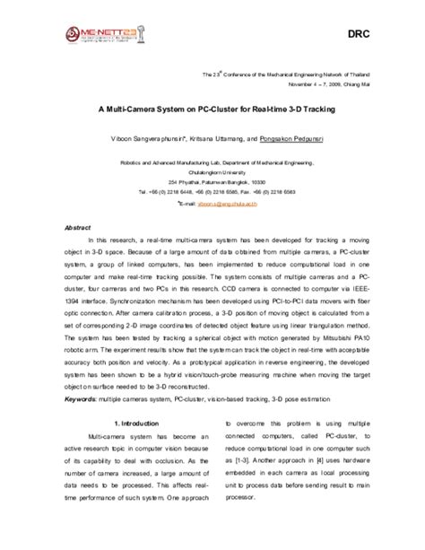 Pdf A Multi Camera System On Pc Cluster For Real Time 3 D Tracking