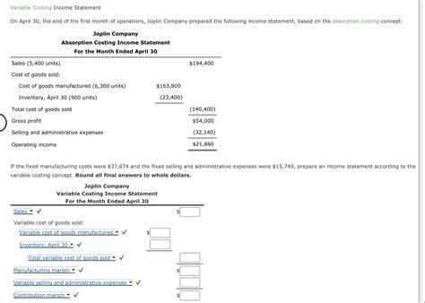 solved variable costing income statement on april 30 the