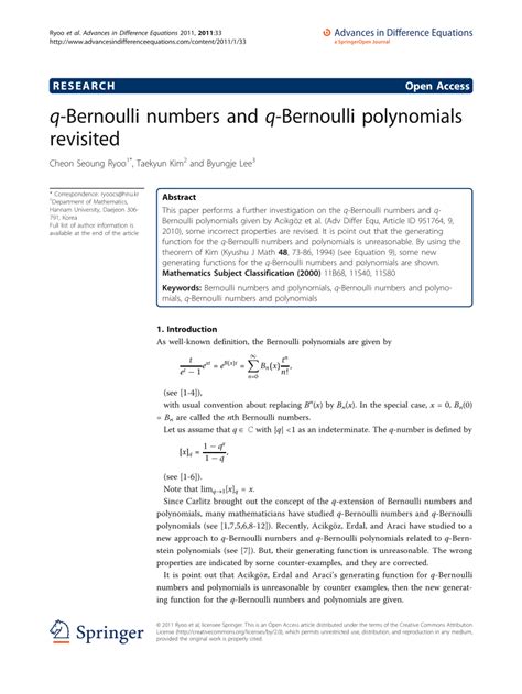 Pdf Q Bernoulli Numbers And Q Bernoulli Polynomials Revisited