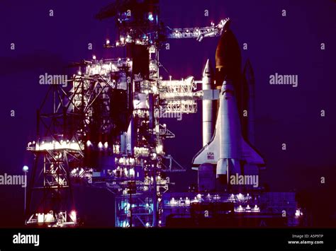 Night View Of Nasa Space Shuttle On Launch Pad Cape Kennedy Florida