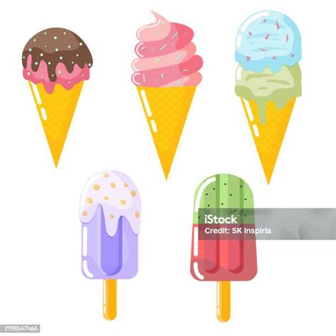 아이스크림 세트입니다 맛있는 아이스크림 콘과 아이스 캔디 컬렉션 Popsicle Stick에 대한 스톡 벡터 아트 및 기타 이미지 Popsicle Stick 개체 그룹
