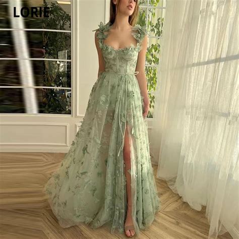 Lorie 우아한 얇은 명주 그물 무도회 드레스 럭셔리 레이스 슬릿 A 라인 이브닝 가운 스파게티 스트랩 파티 드레스 Aliexpress