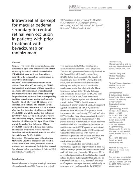 Pdf Intravitreal Aflibercept For Macular Oedema Secondary To Central Retinal Vein Occlusion In