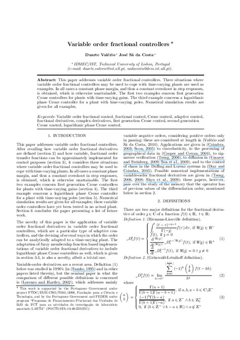 Pdf Variable Order Fractional Controllers