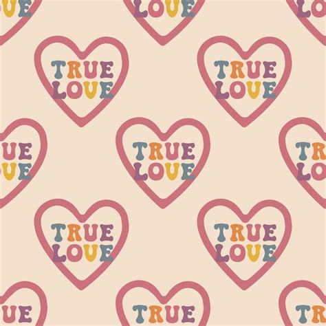 70년대의 미학 재미있는 그루비 요소 문구 진정한 사랑 레트로 패브릭 히피 디자인 원활한 패턴 프리미엄 벡터