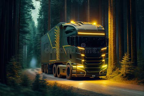 High Tech Truck With Driverless Technology Navigating Forest Road At High Speed Stock