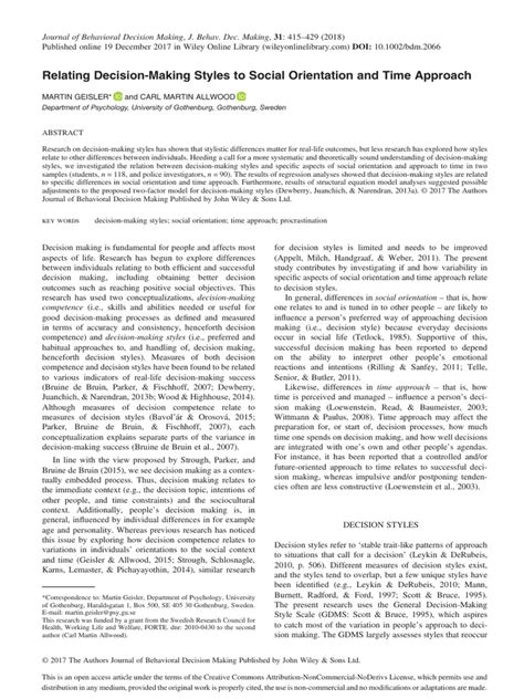 Behavioral Decision Making 2017 Geisler Relating Decision Making