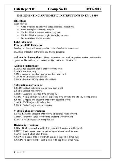 Implementing Arithmetic Instructions In Emu 8086 Docx