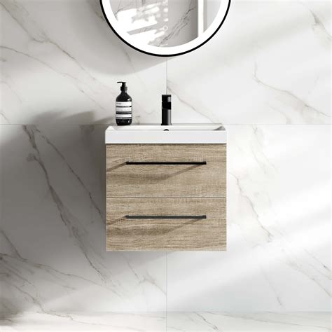 Elba Dawn Oak Wall Hung Vanity 500mm Black Accents