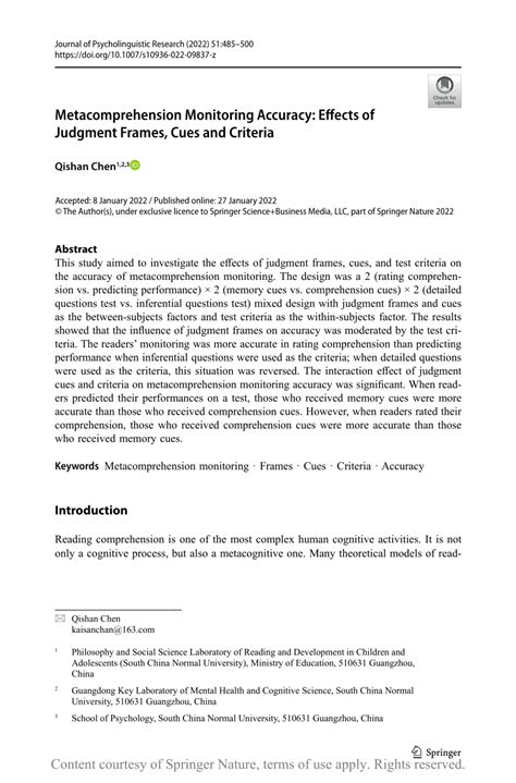 Metacomprehension Monitoring Accuracy Effects Of Judgment Frames Cues And Criteria Request Pdf