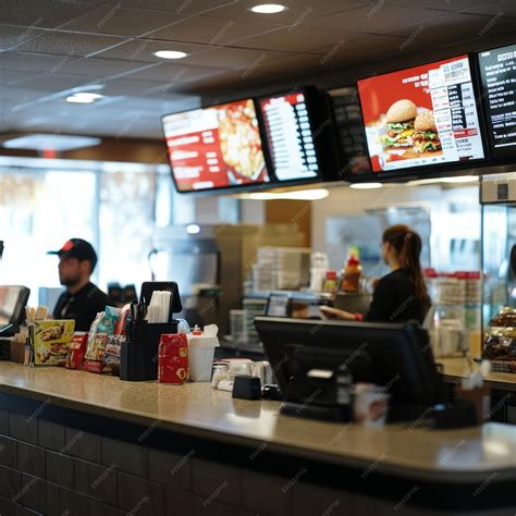 A View Of A Fast Food Restaurant Counter With A Cashier Taking An Order