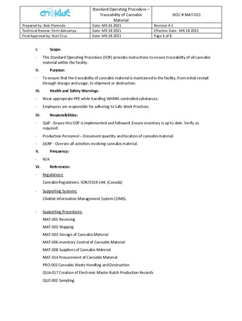 Fillable Online Standard Operating Procedure Traceability Of Cannabis Material Fax Email